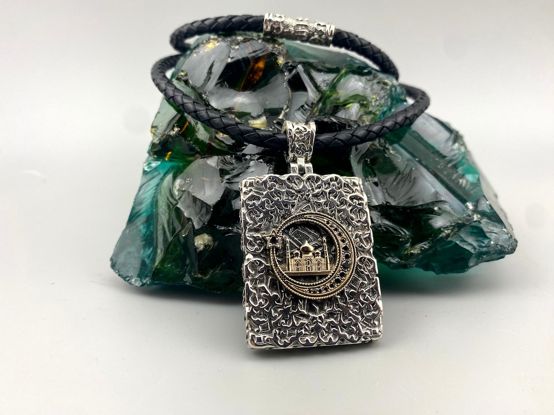 Elegant Islamic Silver & Gold Mosque Pendant Necklace With Crescent ...