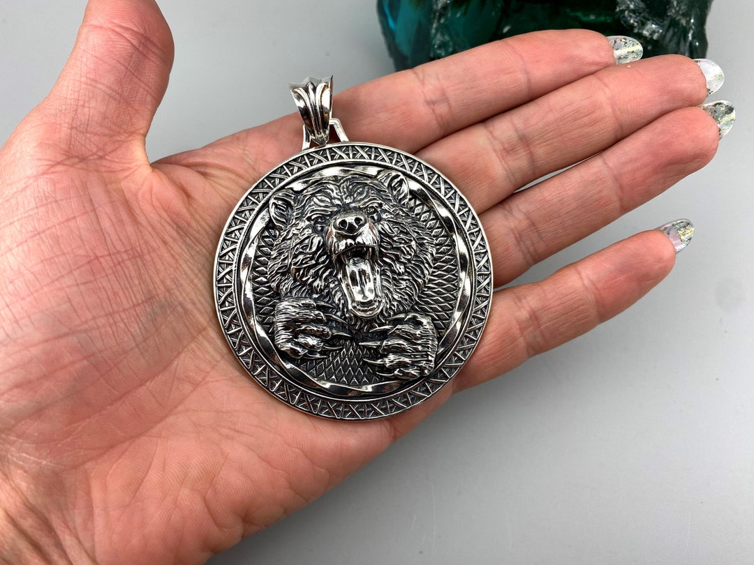 Giant Sterling Silver Grizzly Bear Medallion Pendant for Men - Etsy