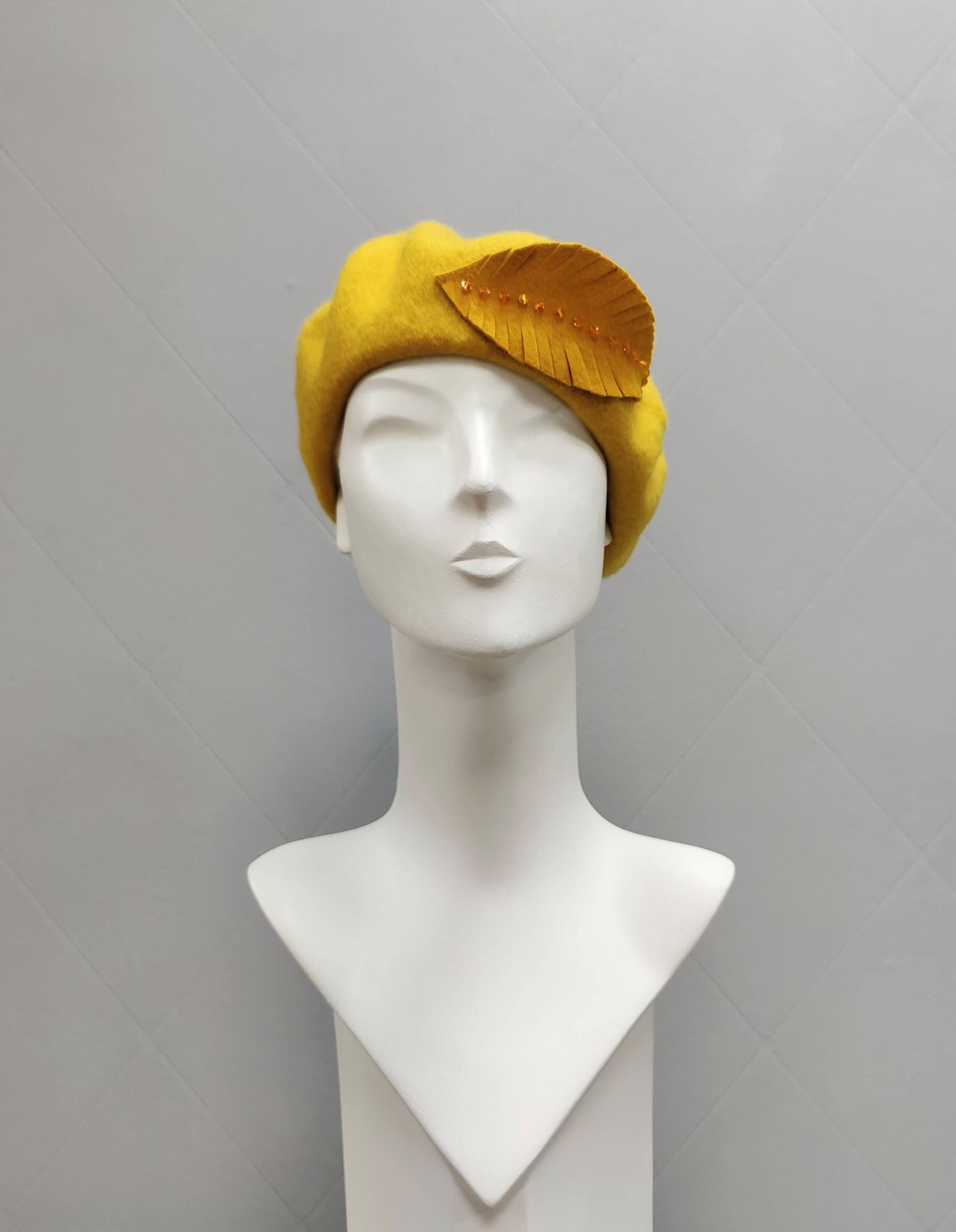 Mustard Yellow Wool Felt Leaf Decoration Beret French Style Berets for ...