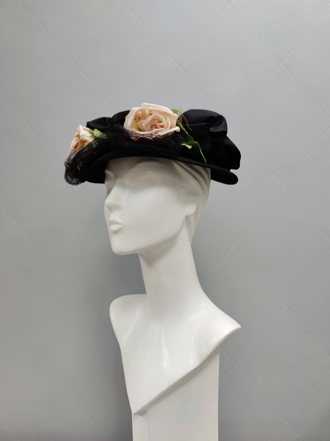 Vintage Black Crownless Summer Visor Hat Antique Hat With Flowers Sun ...