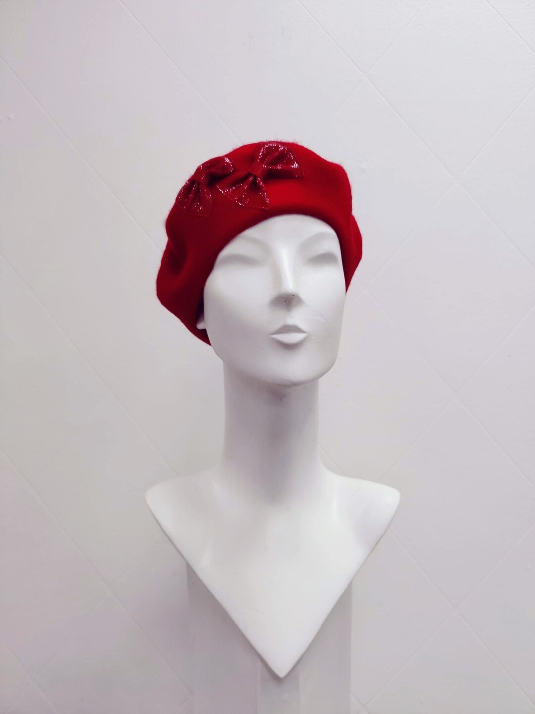 Red Wool Felt Beret With Leather Bows French Style Hat Berets for Women ...