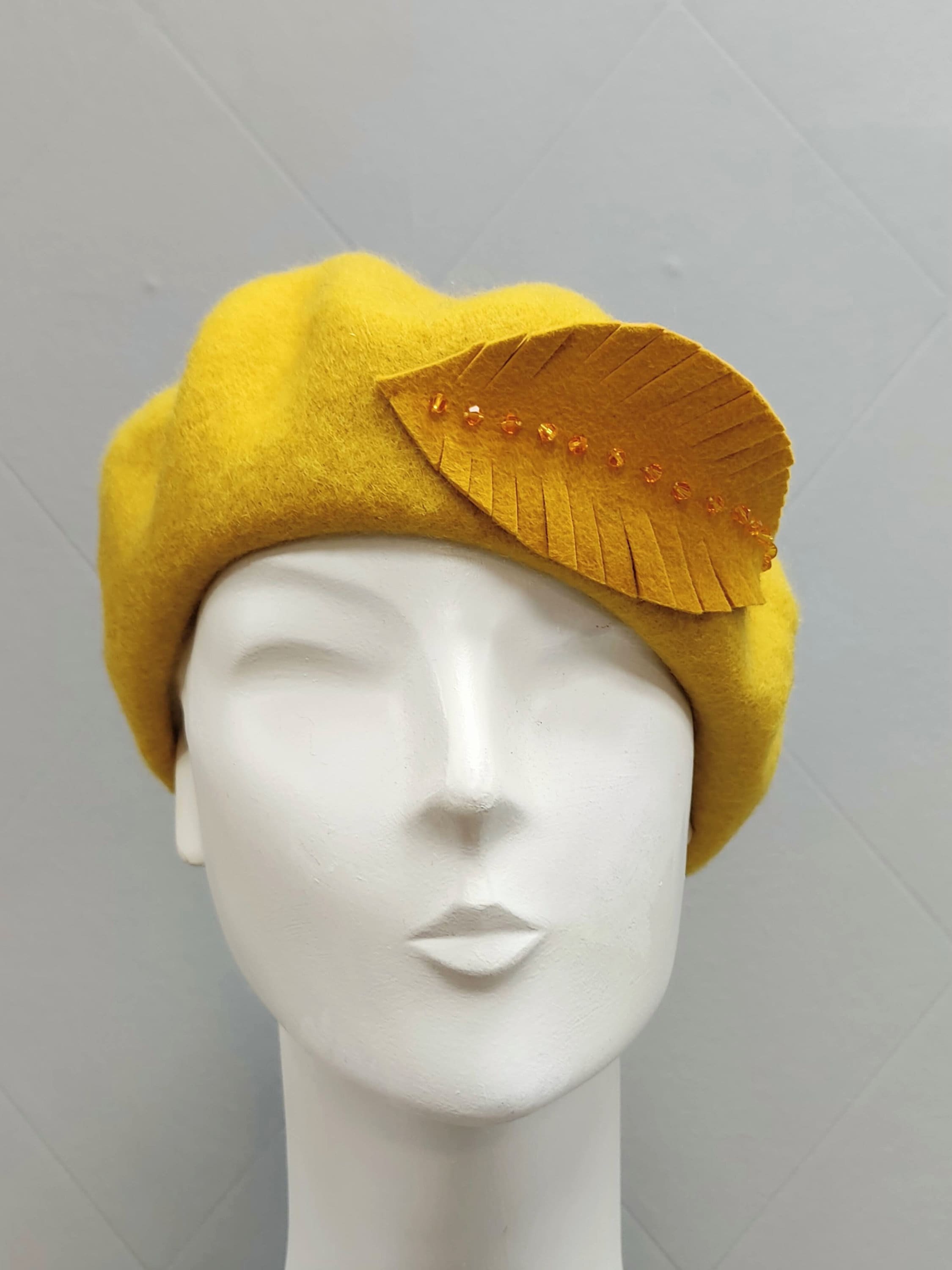 Mustard Yellow Wool Felt Leaf Decoration Beret French Style Berets for ...