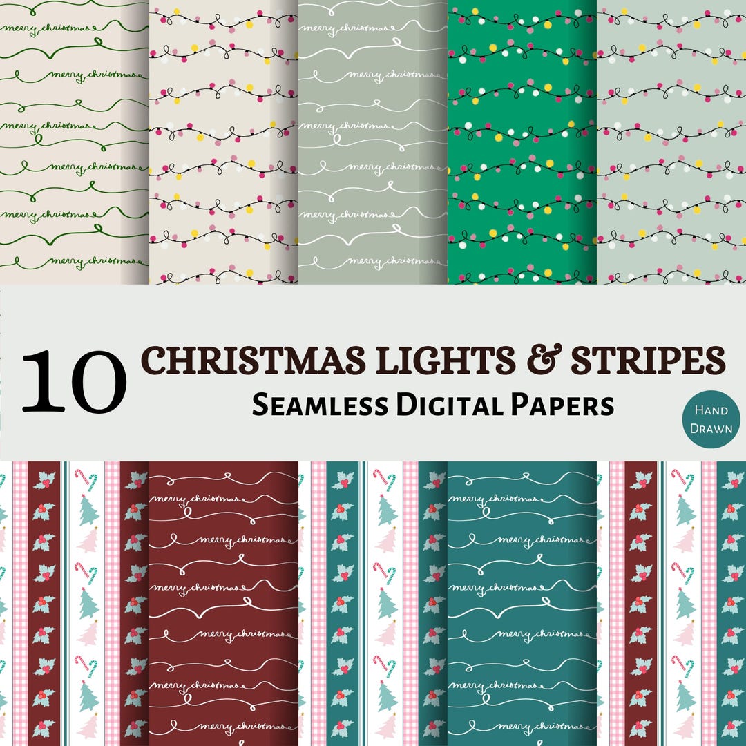 Christmas Lights & Stripes Digital Paper Pack | Hand Drawn Christmas ...