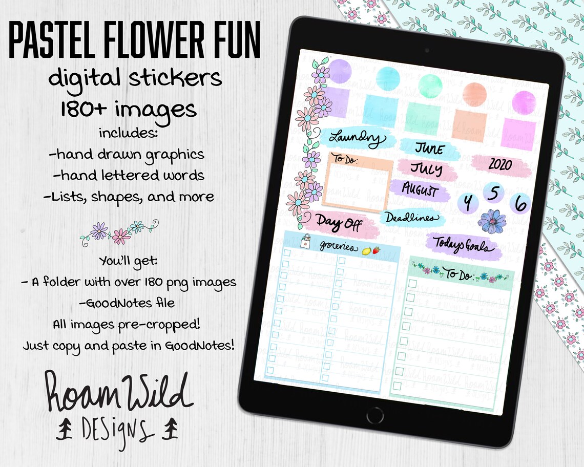Pastel Flower Fun Digital Stickers, Hand Illustrated Digital Planner ...