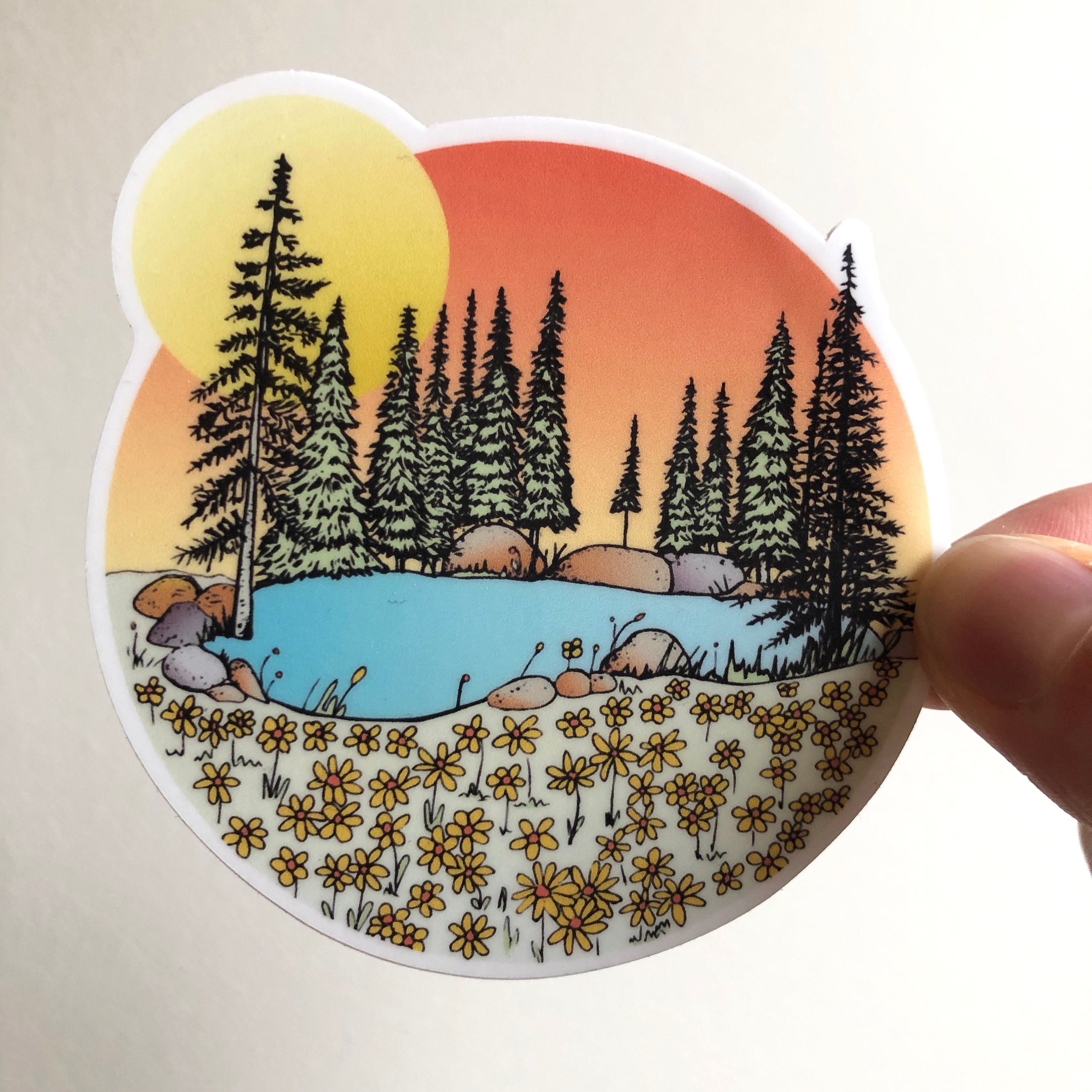 Flowers at the Lake Vinyl Sticker – Colorful Nature Sticker, Whimsical ...