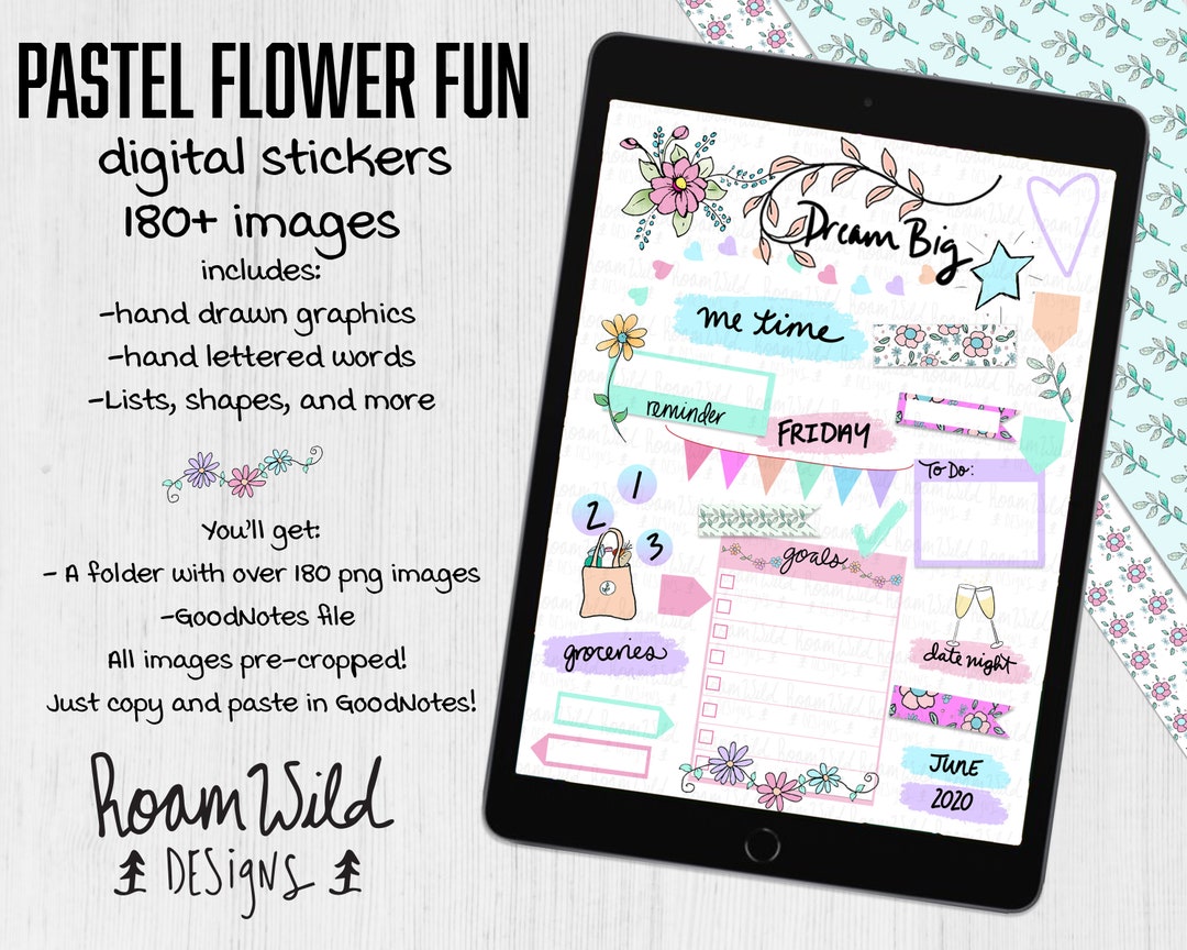 Pastel Flower Fun Digital Stickers, Hand Illustrated Digital Planner ...