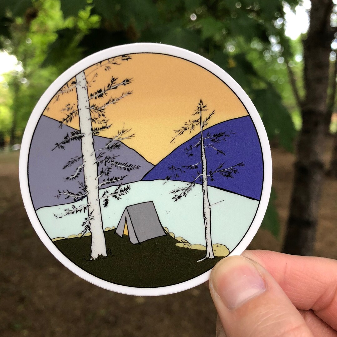 Camping at the Lake Sticker, Hand Drawn Vinyl Decal, Tent and Pine ...