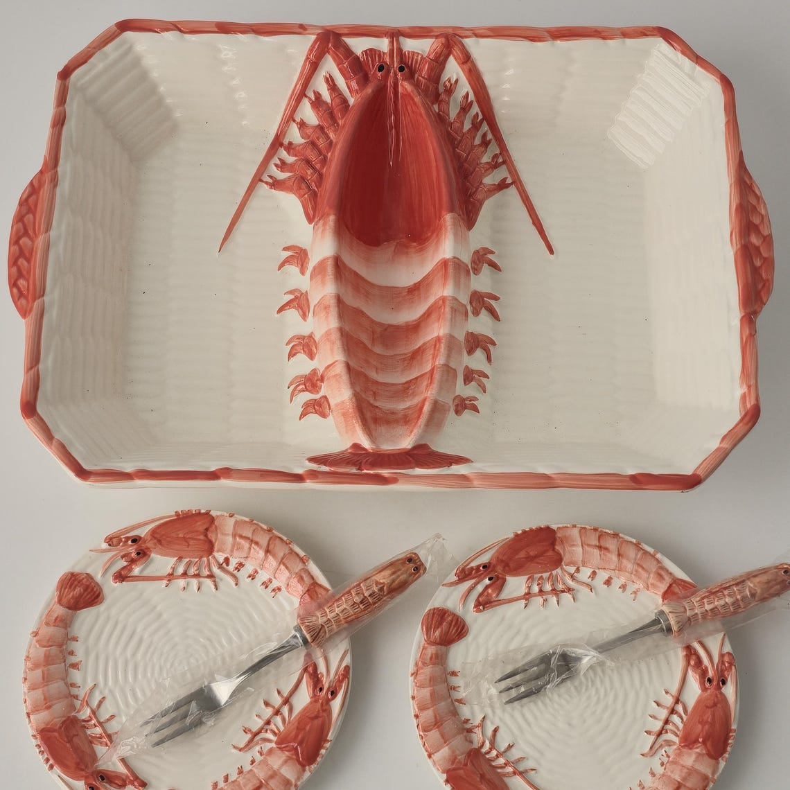 Vintage Prawn Serving Platter Set: Seafood Plates & Forks - Etsy