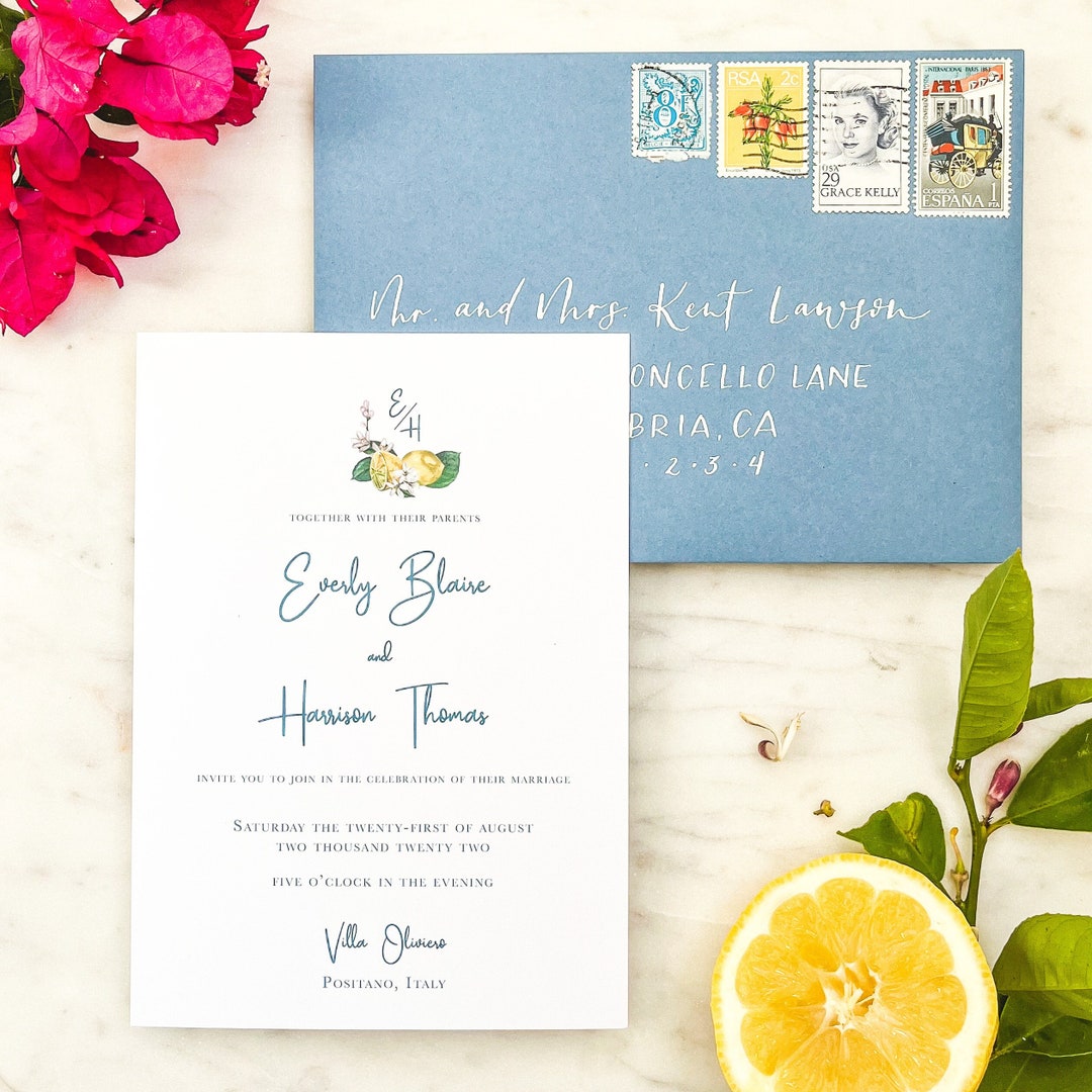 Ensemble d'invitations de mariage Positano | Citron aquarelle, jardin ...