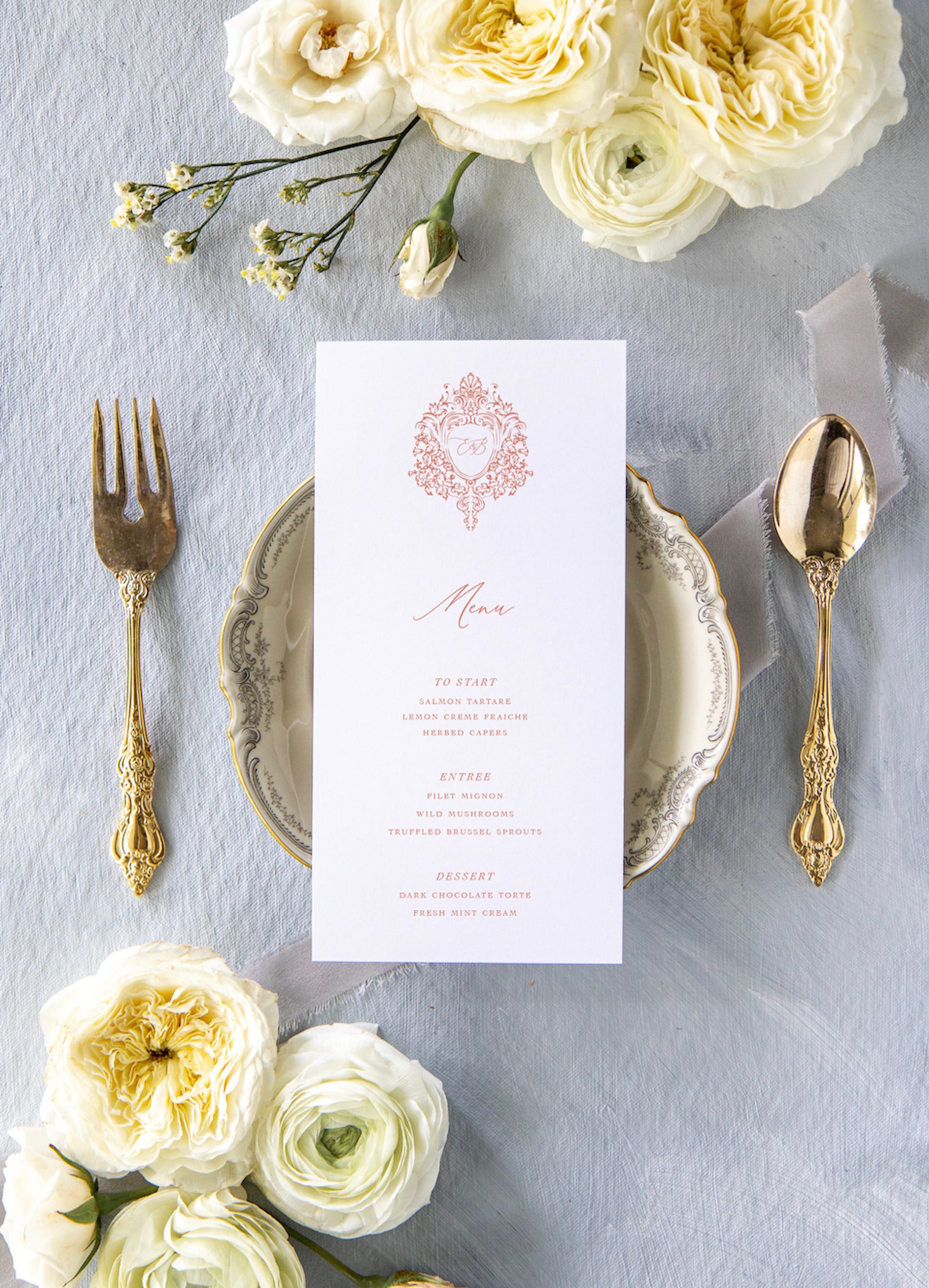 Versailles Wedding Menu | French Floral Monogram Wedding Menu, Romantic ...