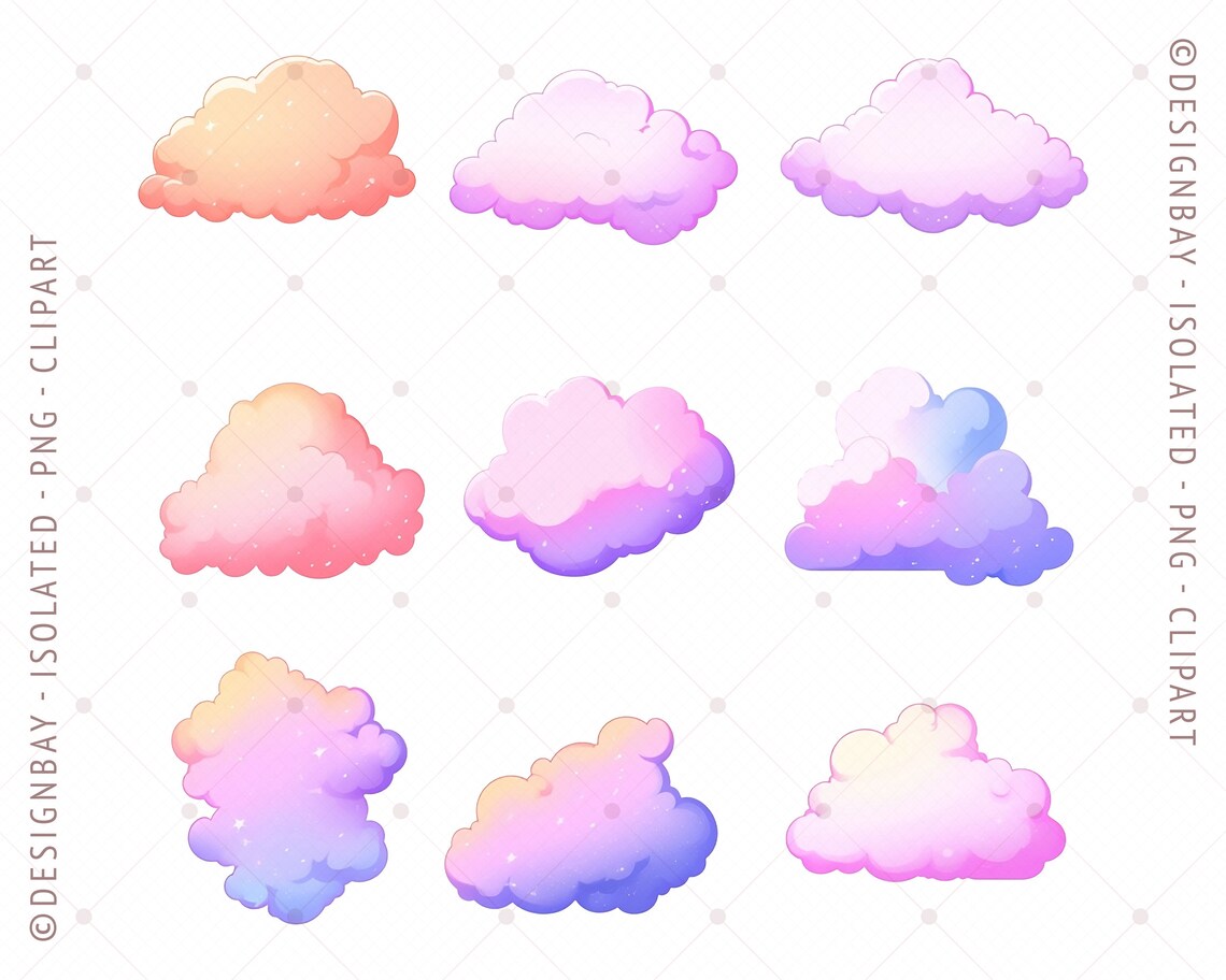 Kids Clipart Set - Pastel Clouds - Separate + Grouped Transparent Pngs ...