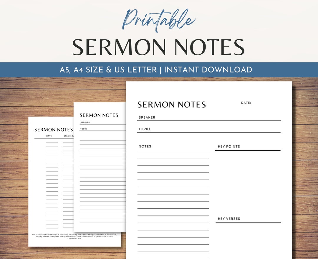 Sermon Notes Printable: Sermon Journal, Church Notes (A5, A4 & Letter ...