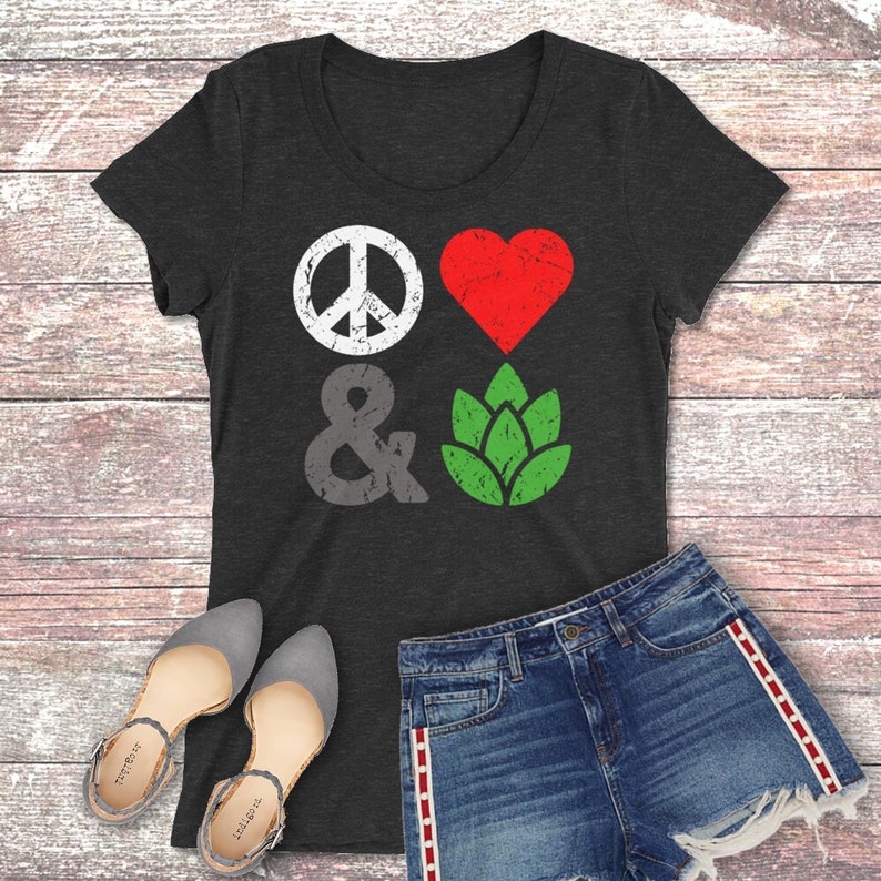 Peace Love and Hops Shirt, Cute Womens Craft Beer Tshirt, Funny Beer ...