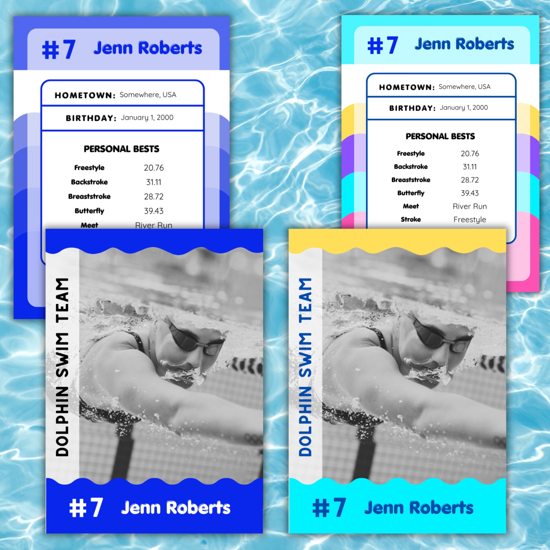 Swimming Card Template for Canva Colorful Waves - Etsy