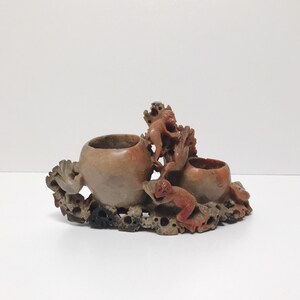 Vintage Chinese Carved Soapstone Monkey Brush Pot Carved Stone Ink Well ...