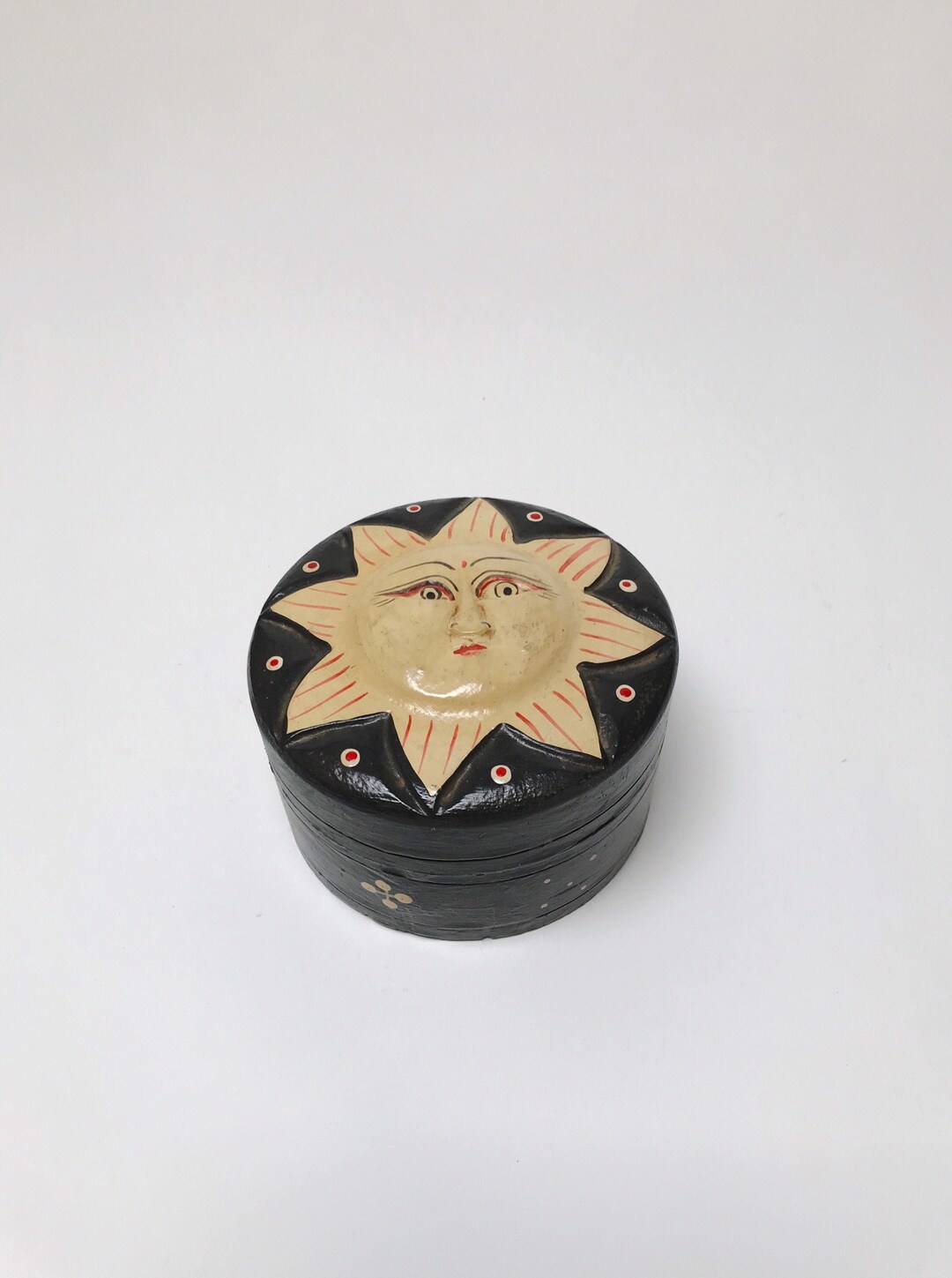 Vintage Hand Painted Sun Design Wood Box Sun Face Trinket Box Folk Art ...