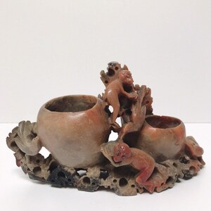 Vintage Chinese Carved Soapstone Monkey Brush Pot Carved Stone Ink Well ...