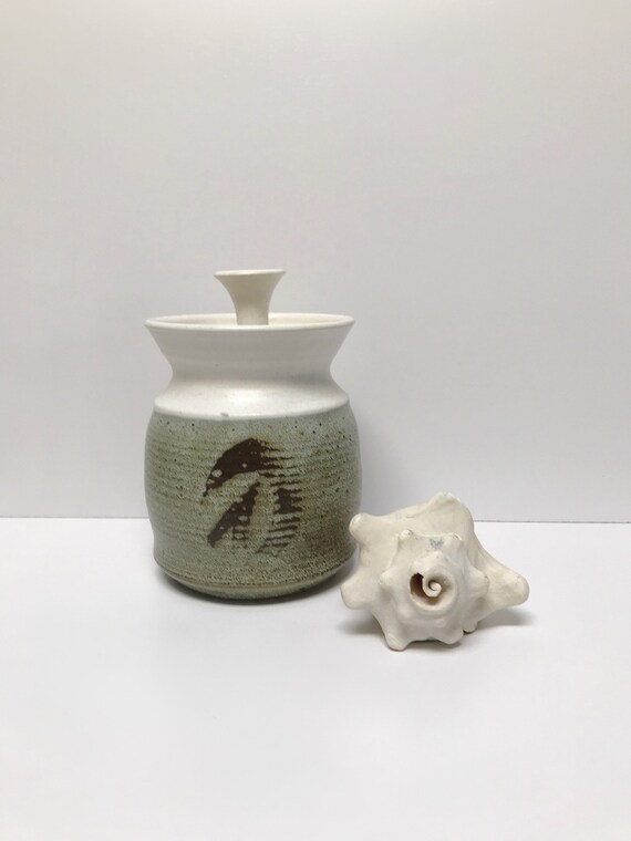 Vintage Studio Pottery Urn Jar with Lid White Green Brown | Etsy