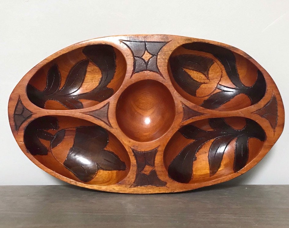 Vintage Carved Wood Bowl Hand Carved Solid Wood Oval | Etsy