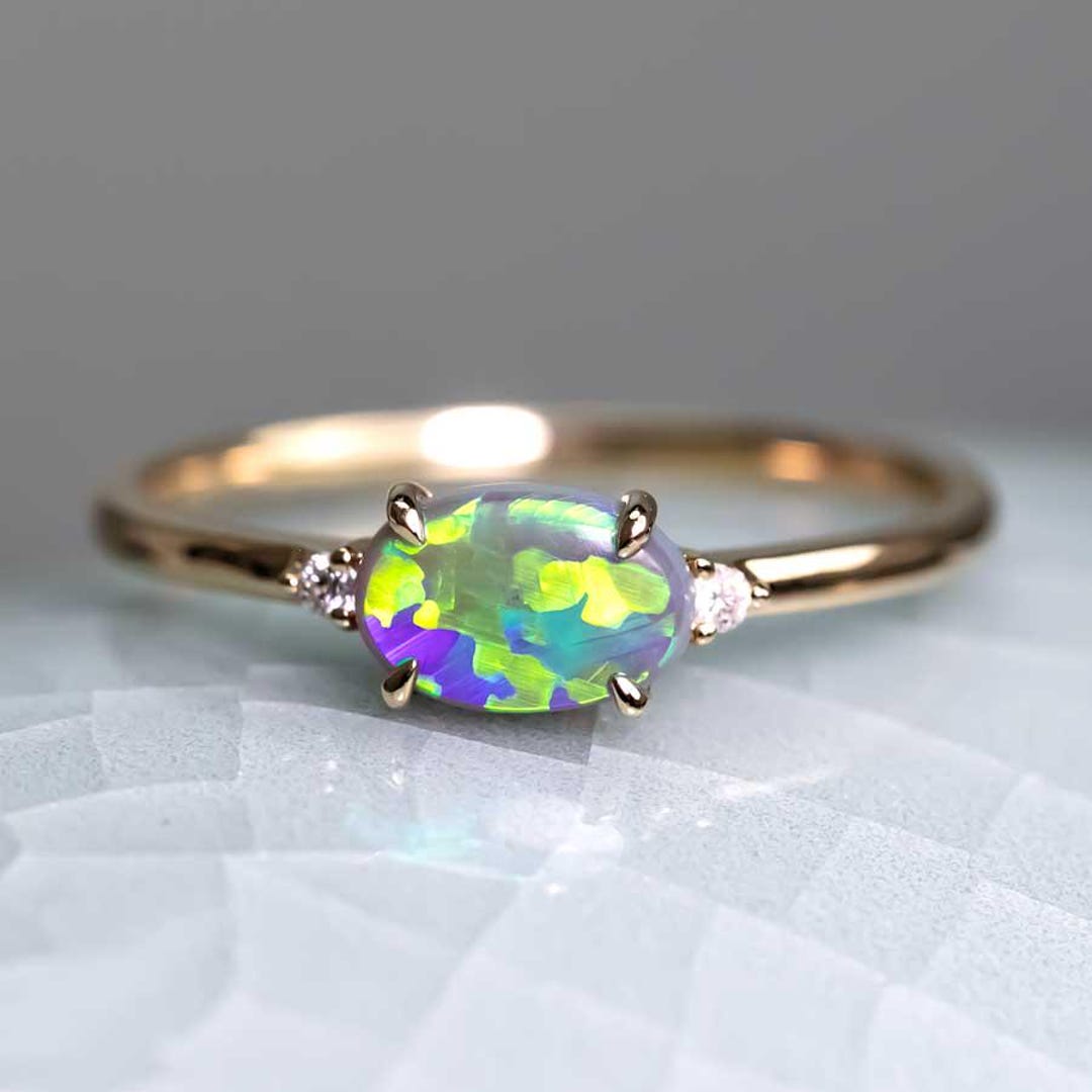 Bright Green Black Opal Diamond Engagement Ring 14K Yellow Gold - Etsy