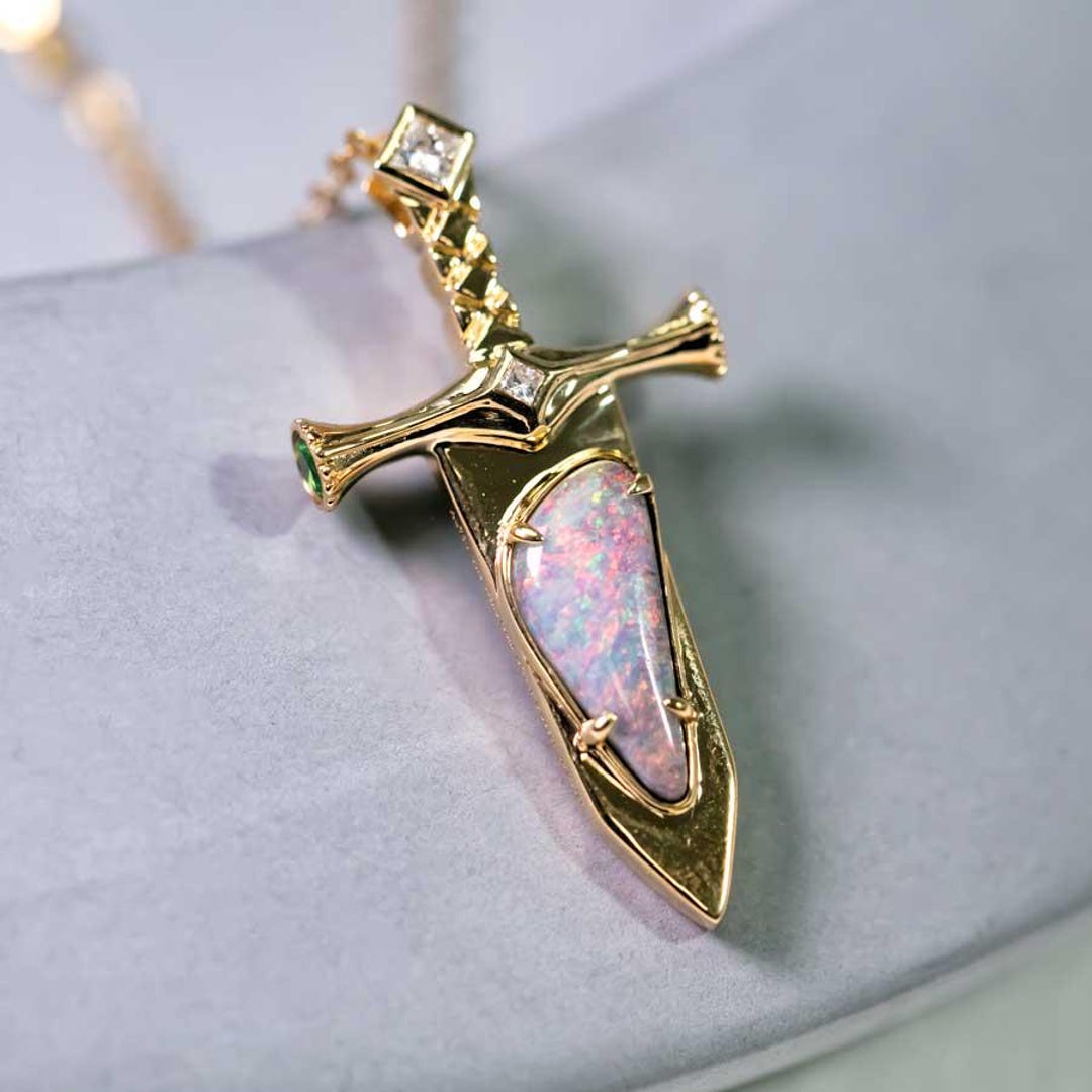 Knight Sword - Boulder Opal & Princess Cut Diamond Necklace 18K Yellow ...