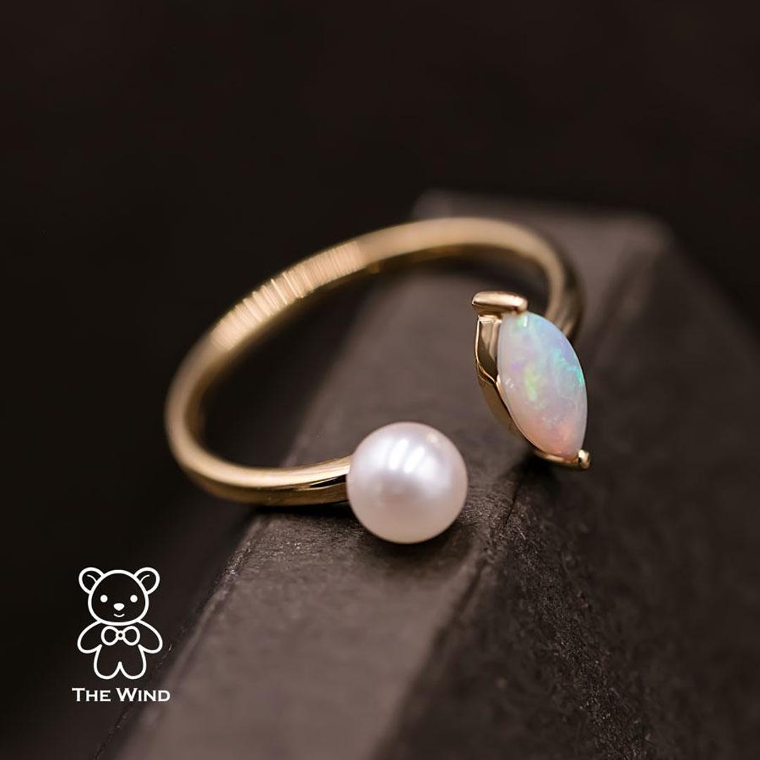 Australian Solid Opal With Akoya Pearl Open Adjustable Ring 14K Yellow ...