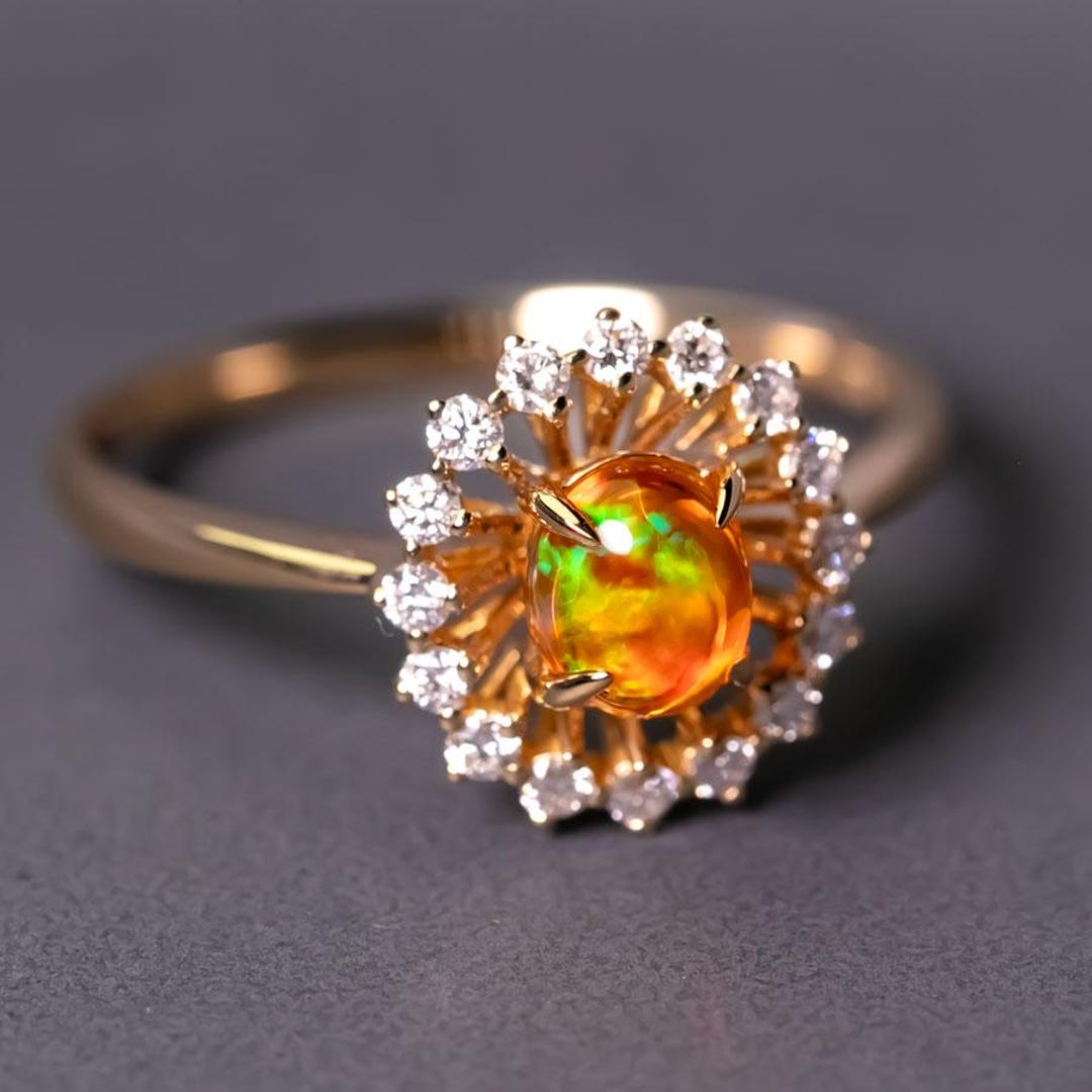 The Sunshine - Mexican Fire Opal Halo Diamond Engagement Ring 18K ...