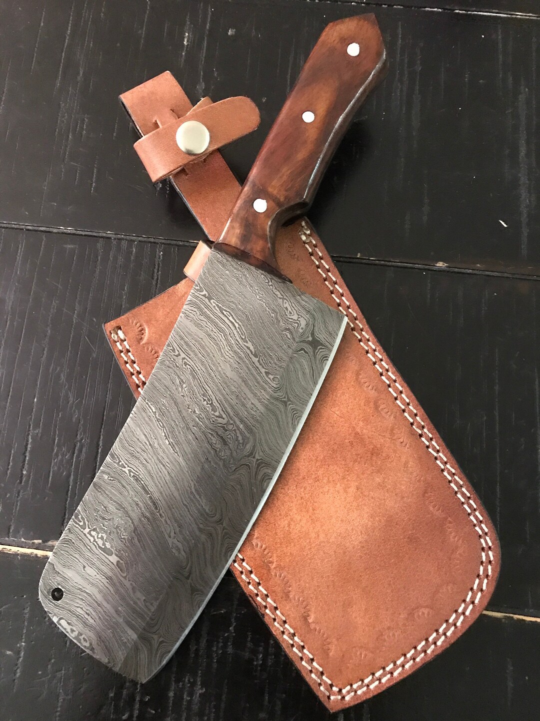 Handmade Damascus Steel Cleaver Knife: Pakkawood Handle, Leather Sheath ...