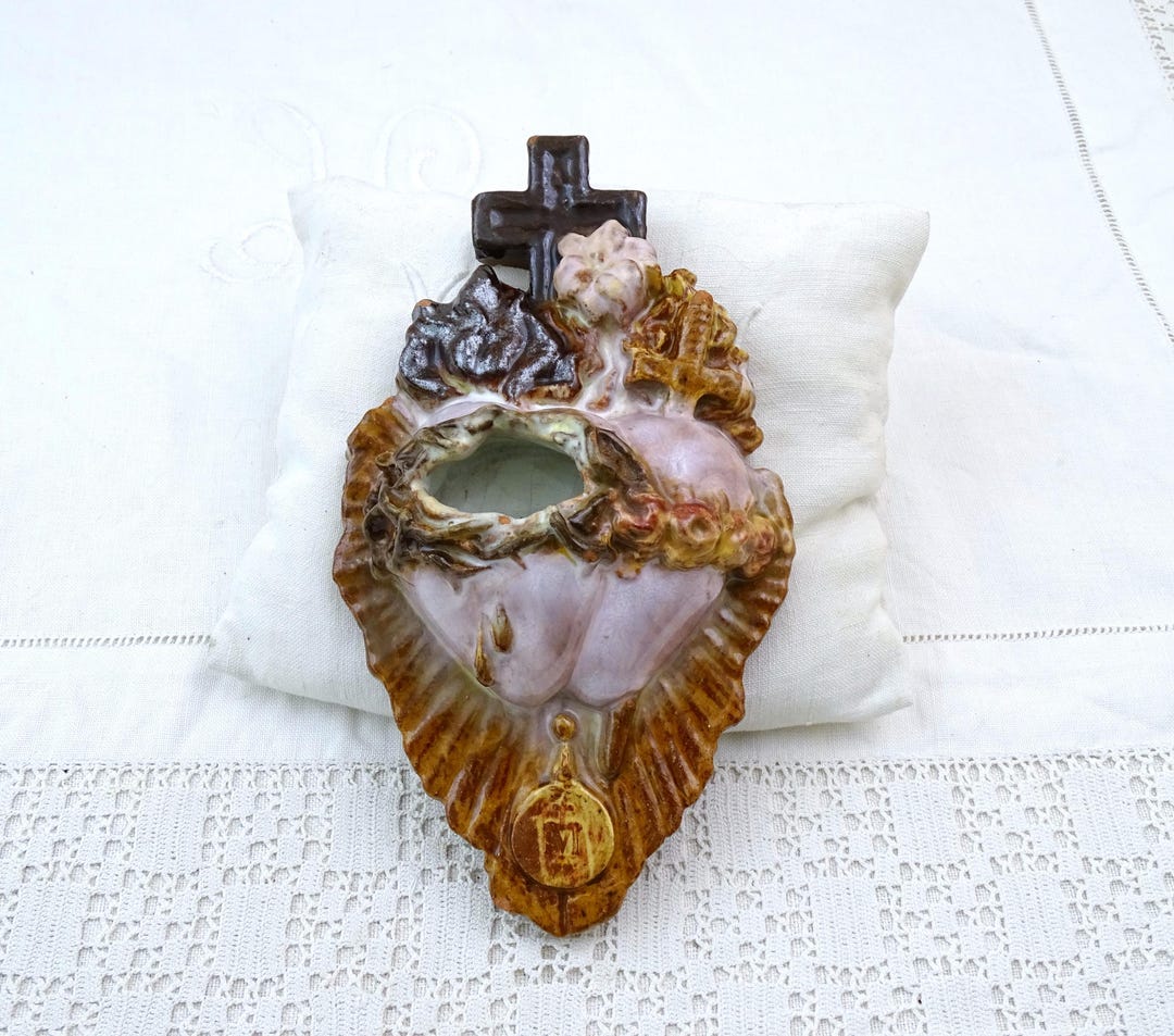 French Antique Religious Font With Sacred Heart Made of Glazed ...