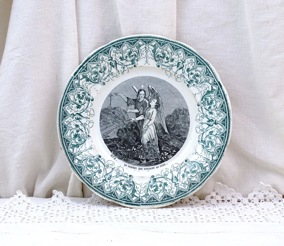 French Antique 19th C Religious China Plate the Way to Heaven With an ...