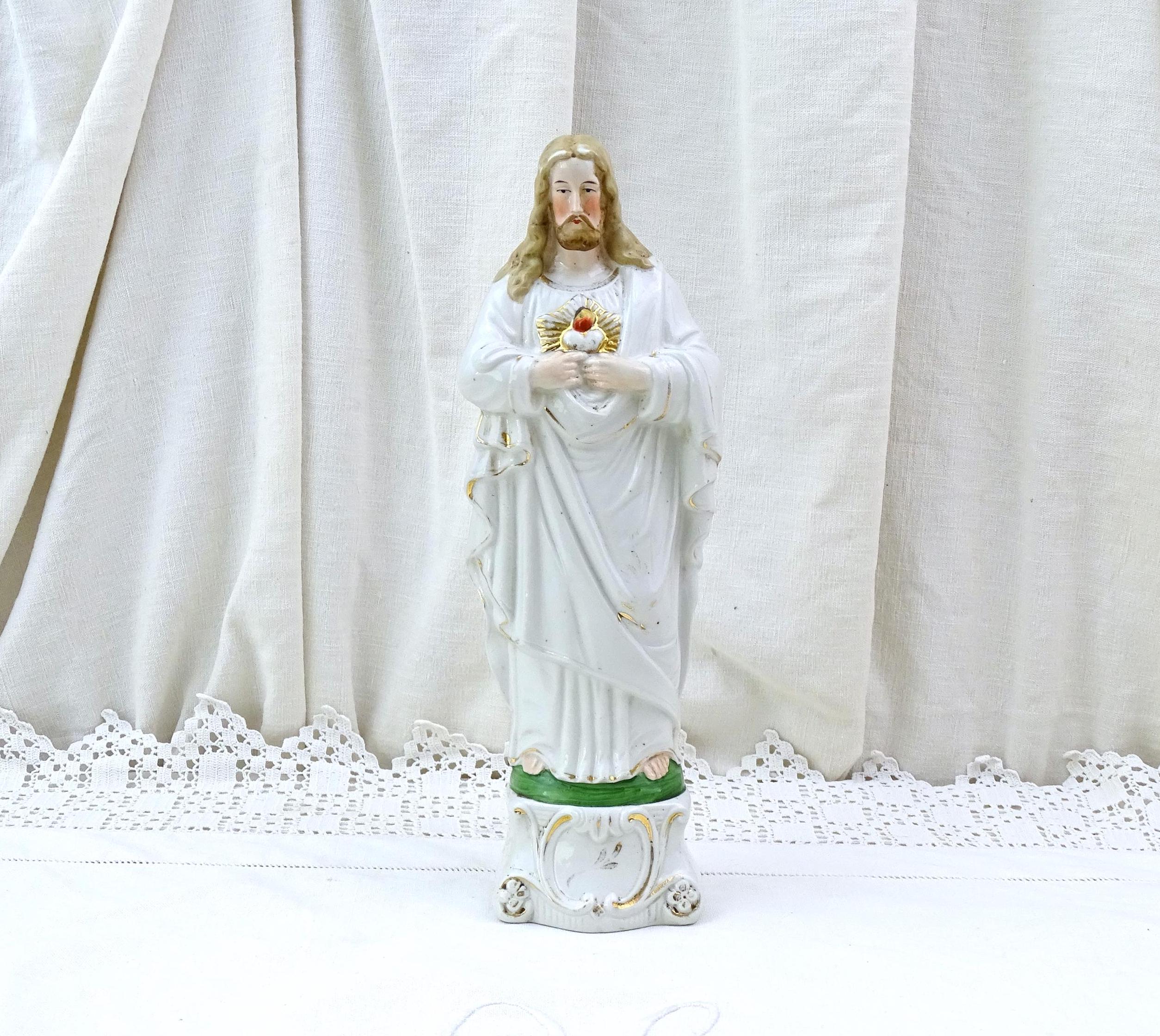French Antique Statue of Jesus Sacred Heart of Glazed China, Vintage ...