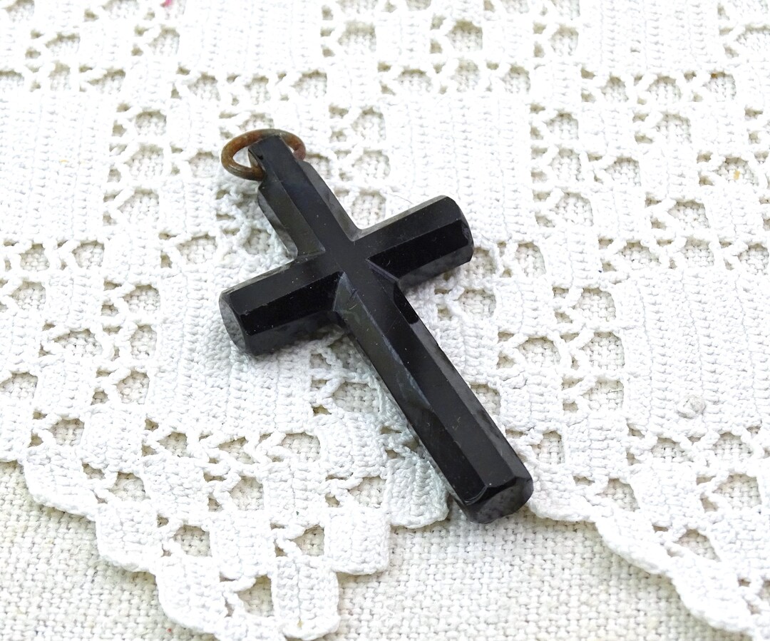 Antique French Jet Mourning Cross Pendant of Faceted Black Glass ...