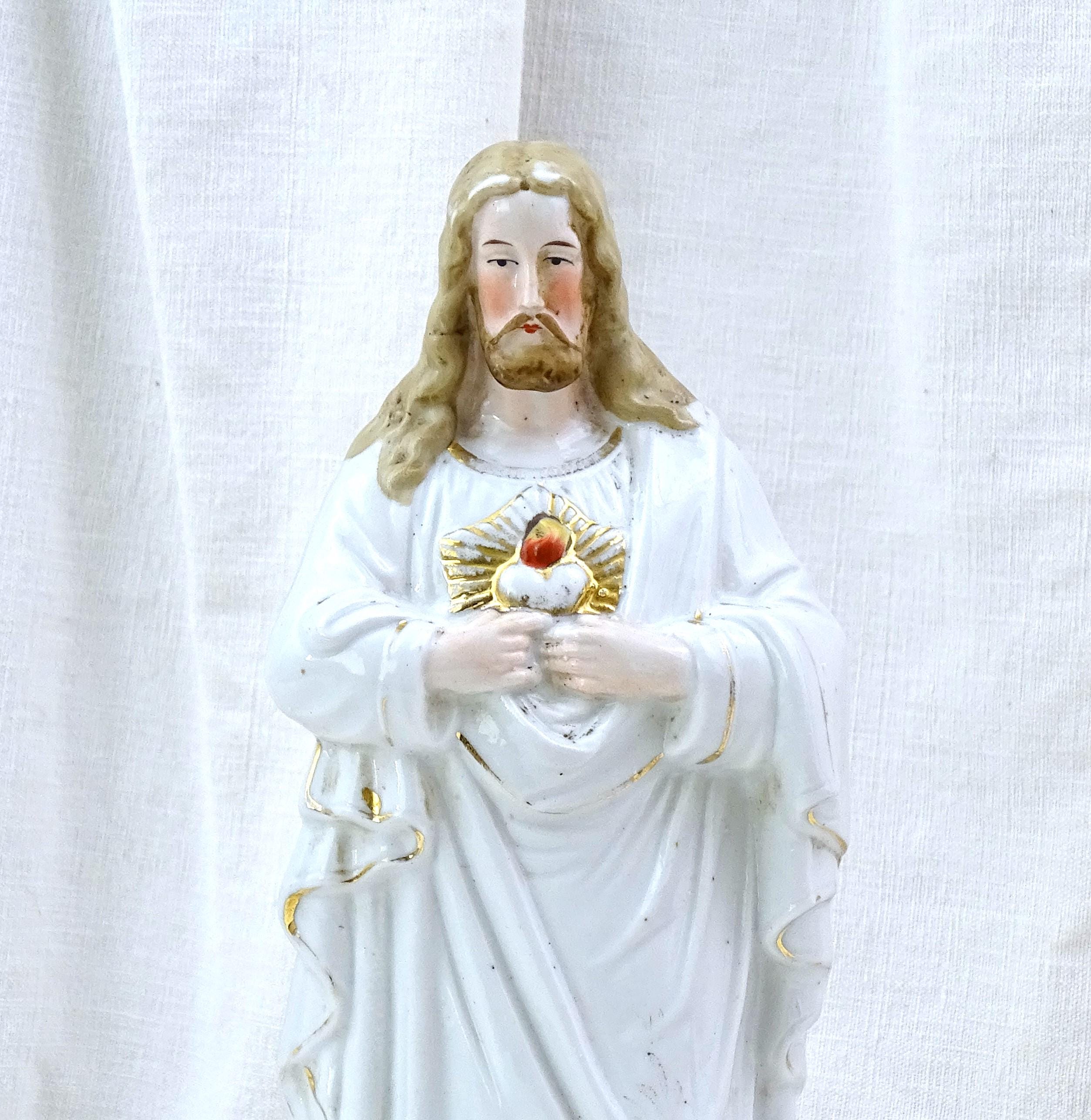 French Antique Statue of Jesus Sacred Heart of Glazed China, Vintage ...