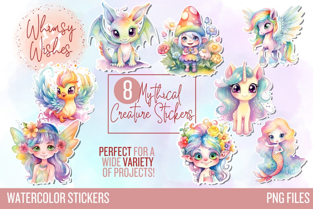 Cute Pastel Mythical Creatures Sticker Bundle, Watercolor Clip Art ...