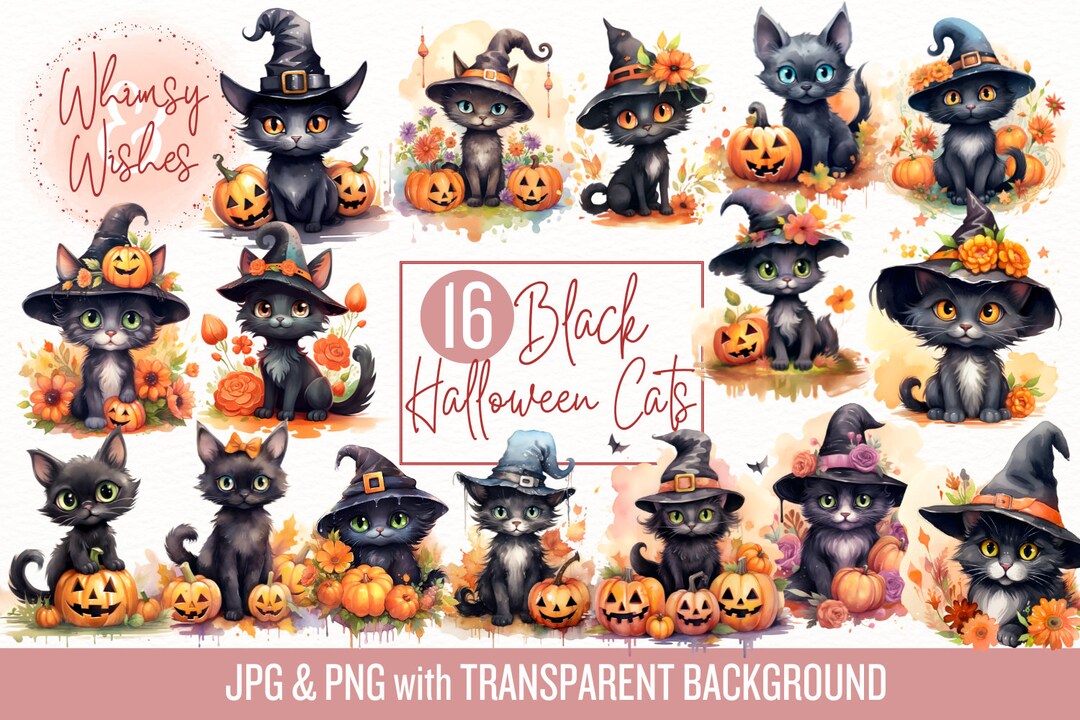 Black Cats for Halloween Watercolor Clip Art Bundle, Witch's Black Cat ...