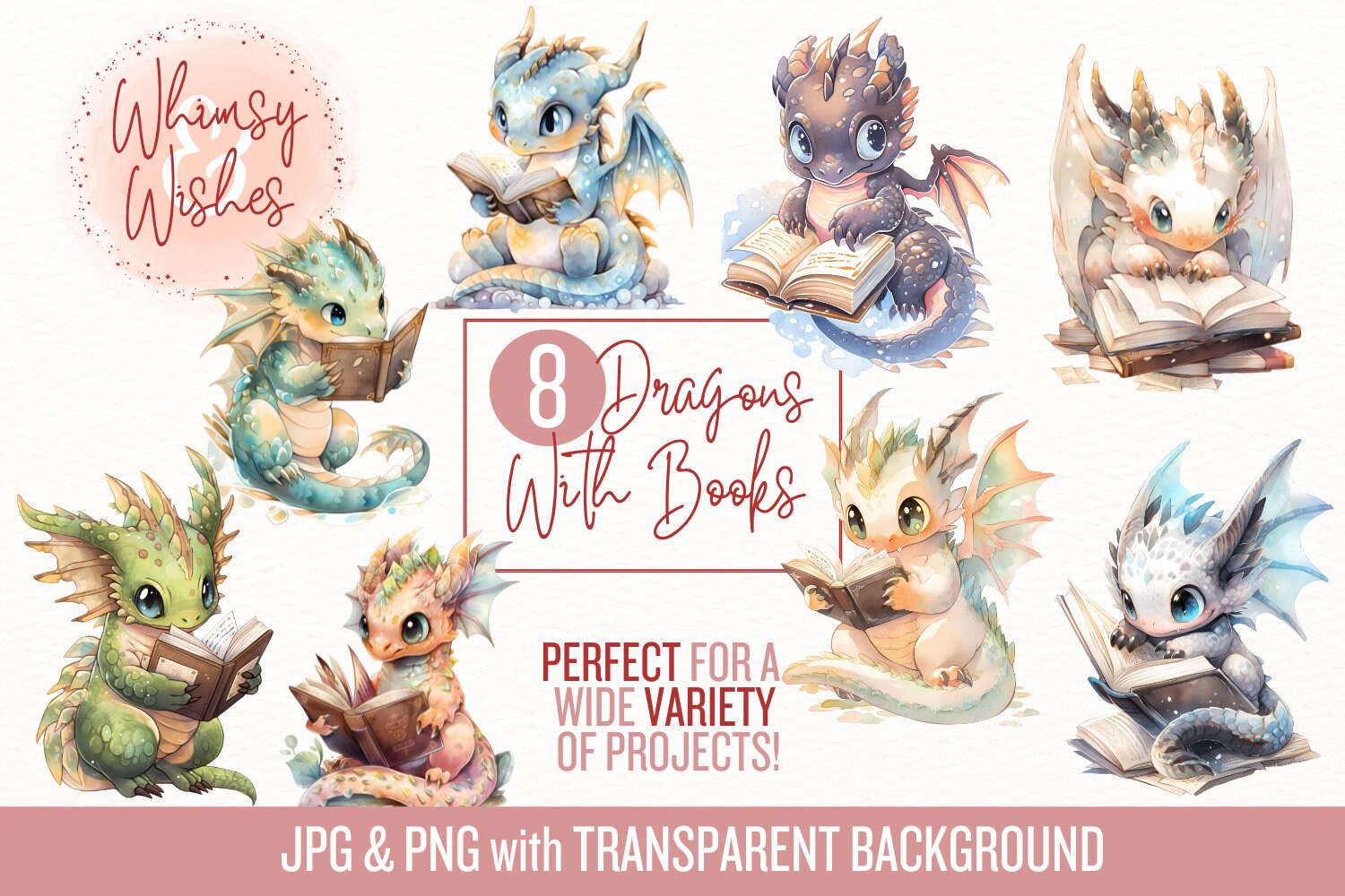 Cute Watercolor Dragons Reading Books Clipart Library Clip - Etsy