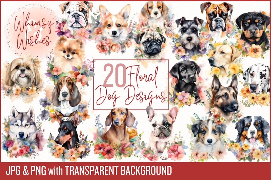Cute Floral Dog Breeds Clipart Watercolor Illustration Bundle, Cute Dog ...