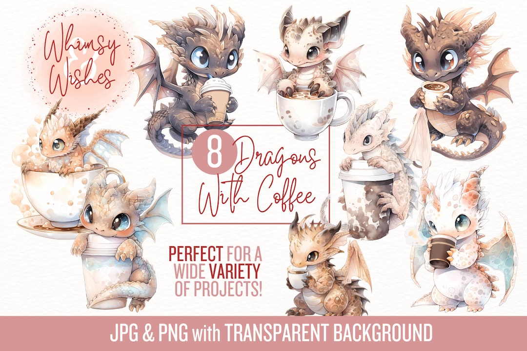 Cute Watercolor Dragons Drinking Coffee Clipart, Coffee Dragons Clip ...