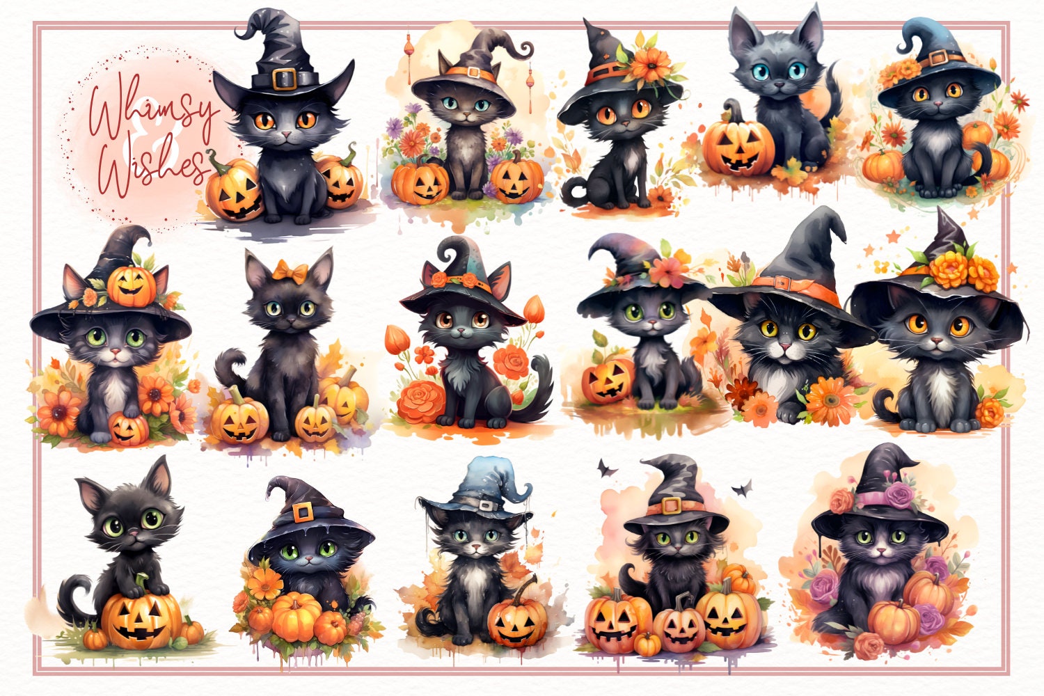 Black Cats for Halloween Watercolor Clip Art Bundle, Witch's Black Cat ...