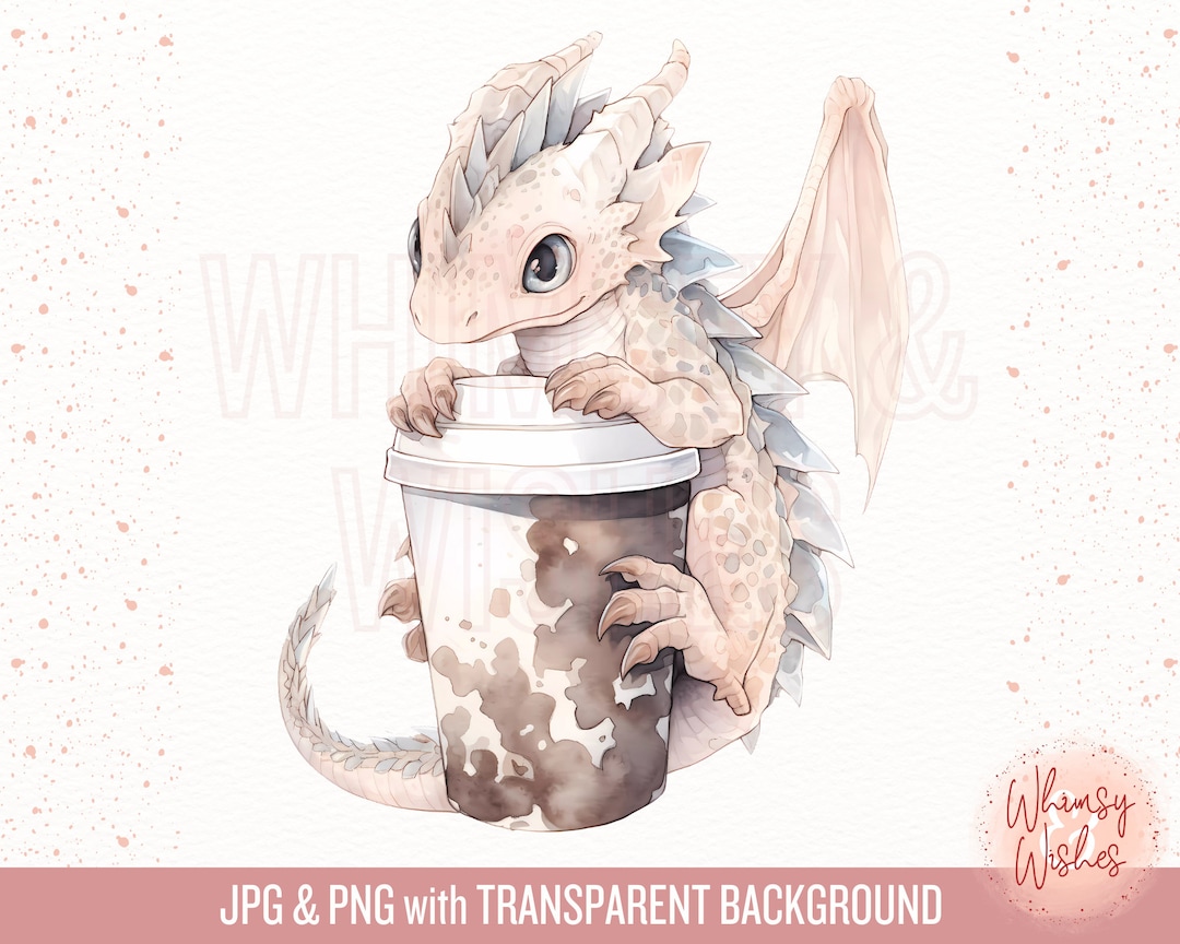 Cute Mythical Baby Dragon With Coffee Watercolor Illustration, Cute ...