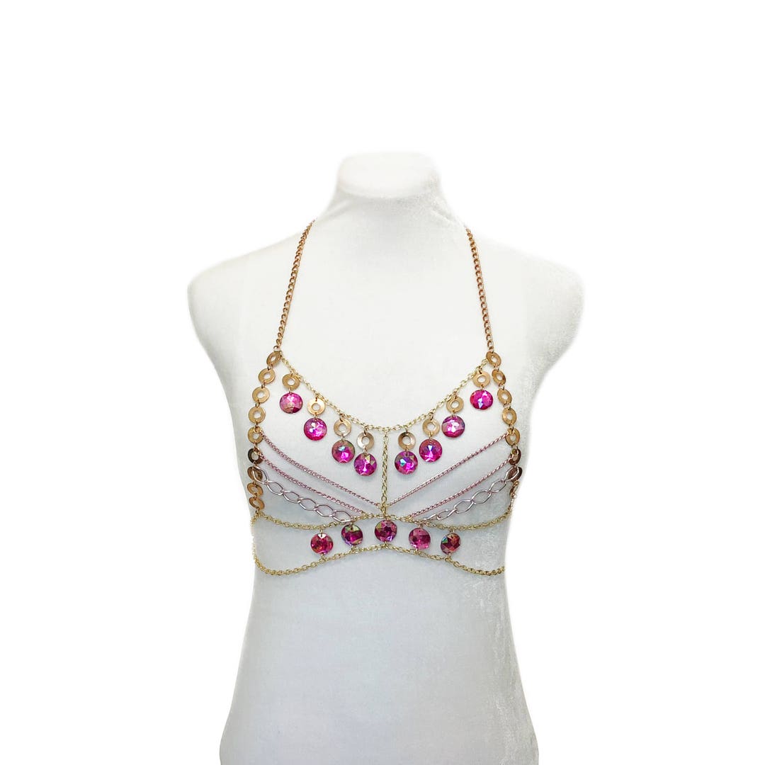 Pixie Bra Gold/pink Chain With Pink Rhinestones - Etsy