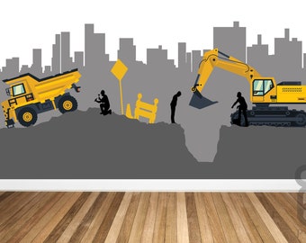 Digger Trucks Mural Removable Wall Decal Large Wall Mural Vinyl Wall ...