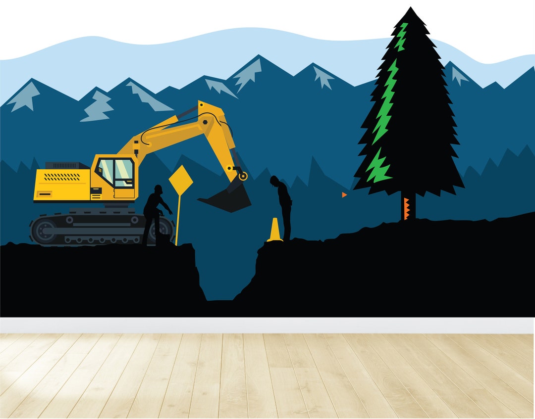 Digger Trucks Mural - Removable Wall Decal - Mountain Wall Mural ...