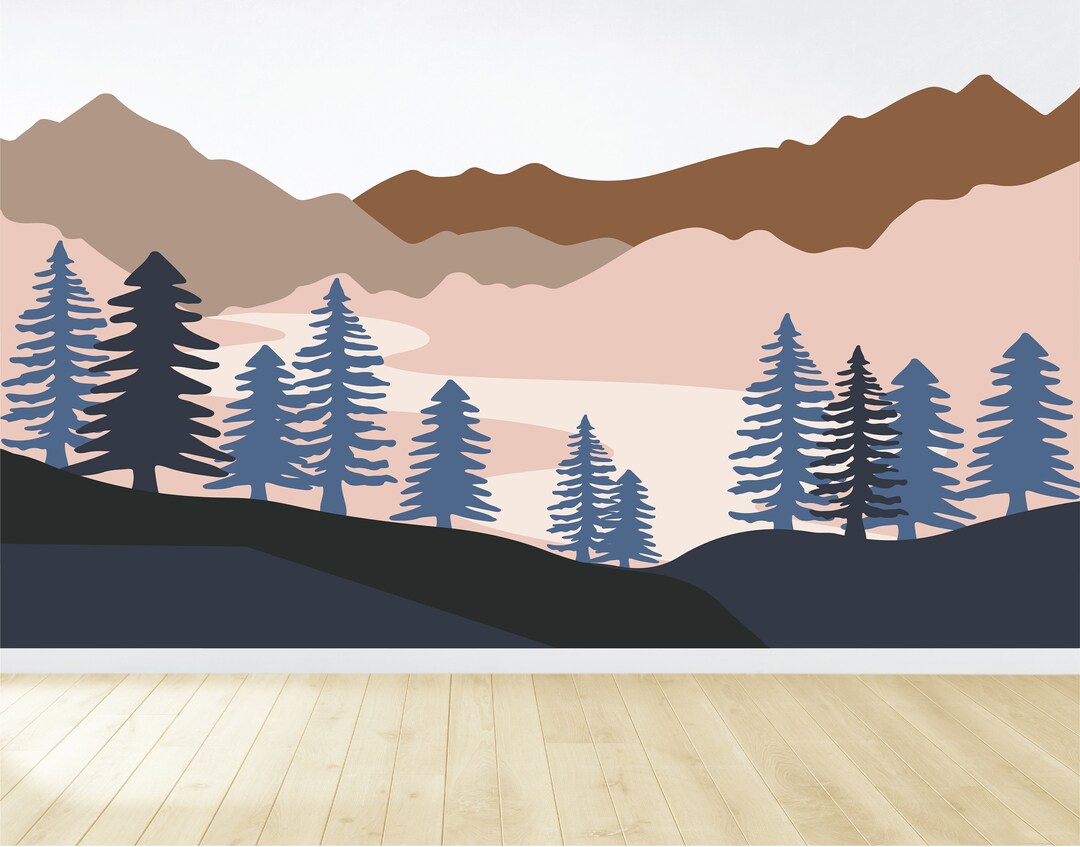 Boho Mountain Decal / Mountain Wall Mural / Forest Wall Decal / Boho ...