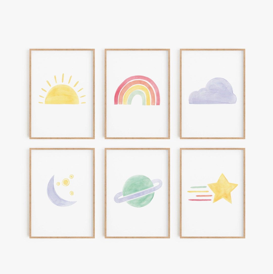 Celestial Wall Art | Set of 6 Nursery Prints | Sun Moon Stars Cloud ...