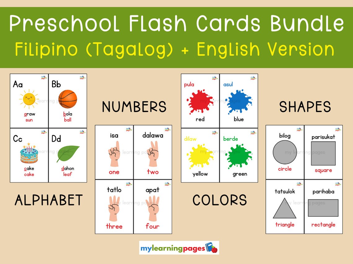 Filipino tagalog English Educational Flash Cards Bundle for Toddlers ...