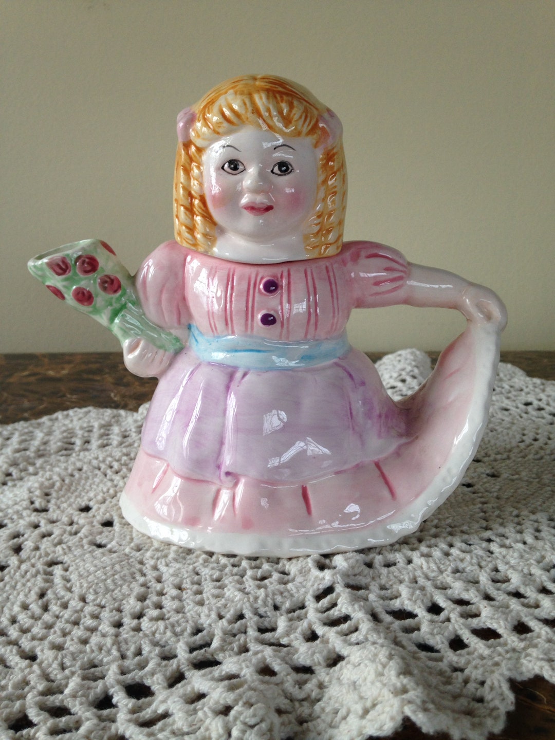 Vintage Teapot-young Girl in Pink Dress - Etsy