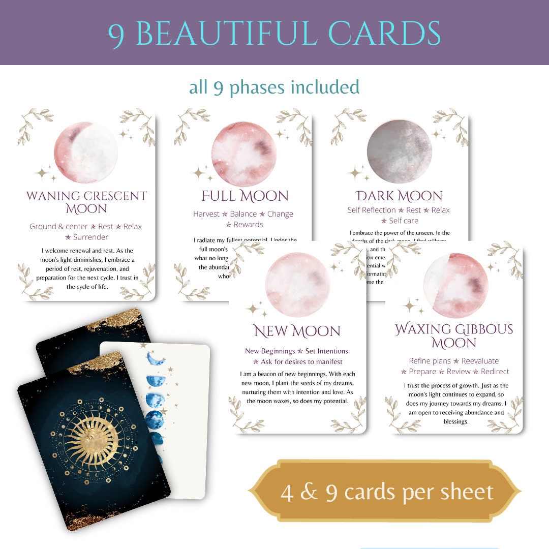 Moon Altar Cards Printable All 9 Moon Phases, Pink Digital PDF, Moon ...