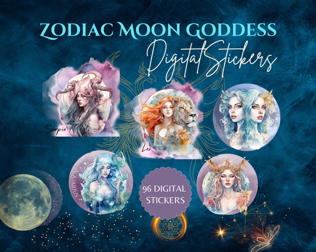Digital Zodiac Moon Goddess Stickers, for iPad and Tablet, Digital Moon ...