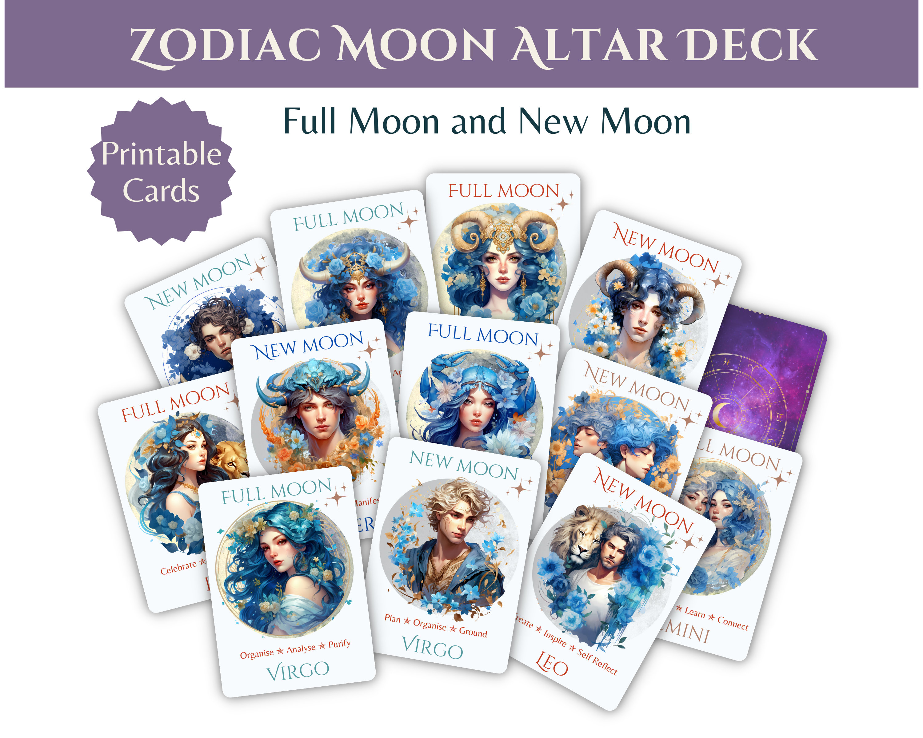 Zodiac Moon Altar Cards, Printable Moon Deck, Full Moon and New Moon ...